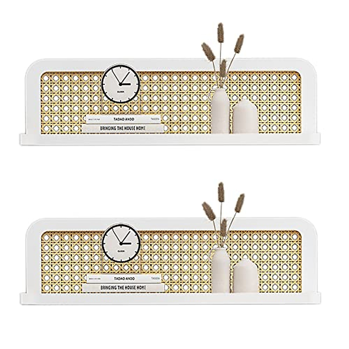 TEPLEDGE White Floating Shelves - Set of 2, Rattan Wall Mounted Hanging Shelves, Decorative Storage Shelves for Bathroom, Kitchen, Living Room & Bedroom