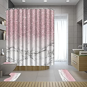 juwute 4 Pcs Pink Shower Curtain Set Marble Bathroom Shower Curtain Sets with Rugs and Accessories,Shiny Toilet Lid Cover Bath Mat and Flash Contour Mat Sets,12 Hooks,Polyester,Waterproof