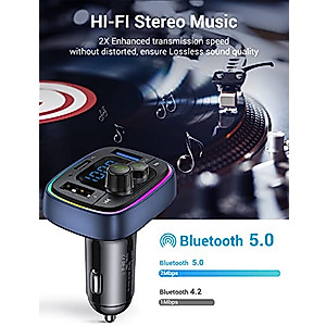 AINOPE Fm Transmitter Bluetooth Car Adapter, 36W/6A PD&QC3.0 Bluetooth Radio Transmitter Car Adapter, 7-Colors LED Backlit V5.0 Bluetooth Adapter Car, Wireless Call - Blue