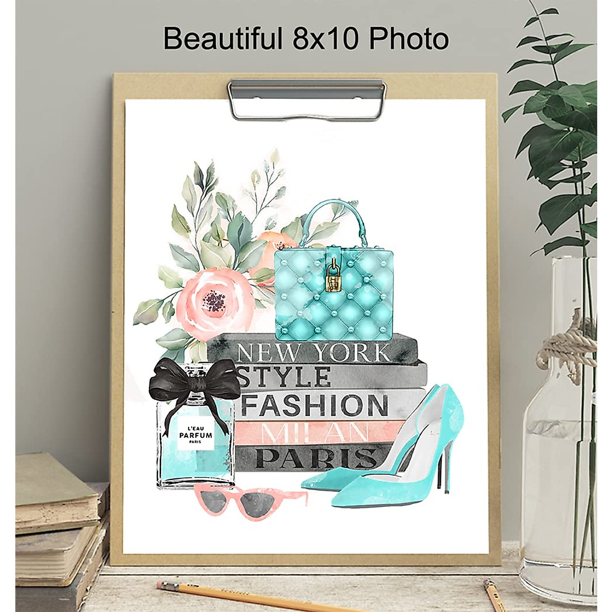 Blue High Fashion Wall Art - Designer Handbag, Purses, Shoes, Perfume - Glam Wall Decor - Luxury Gift for Women - Cute Bathroom decoration Teens Room, Girl Bedroom - Boho-chic Shabby chic Poster