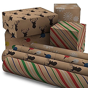 Hallmark Recyclable Christmas Wrapping Paper for Kids with Cut Lines on Reverse (4 Rolls: 88 sq. ft. ttl) Kraft Brown with Christmas Lights, Deer, Snowflakes, Red, Green, Blue Stripes