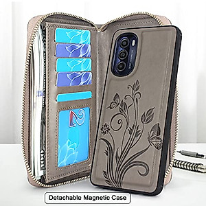 Lacass Compatible with Moto G Stylus 5G 2022 XT2215 Crossbody Chain Dual Zipper Detachable Magnetic Leather Wallet Case Cover Wristlets Wrist Strap 13 Card Slots Money Pocket (Floral Gray)