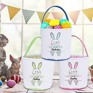 XJone Personalized Custom Easter Buny Baskets for Boys Girls with Name Customized Canvas Cotton Egg Tote Gift Bags