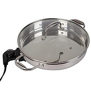 Electric Skillet By Cucina Pro - 18/10 Stainless Steel Frying Pan with Tempered Glass Lid and Handles, 12" Round, Adjustable Temperature Control Knob, Portable and Includes Recipe Guide, Great Gift