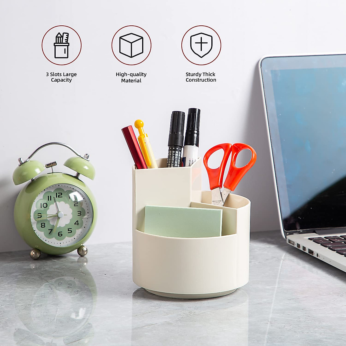 Desk Pencil Pen Holder, 3 Slots 360-Degree Spinning Pencil Pen Desk Organizers, Desktop Storage Pen Organizers Stationery Supplies, Cute Pencil Cup Pot for Office, School, Art Supply, Kids - White