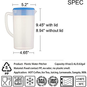 81oz/2.4Litre/0.63 Gallon Plastic Water Pitcher with Lid BPA-FREE Carafes Mix Drinks Water Jug for Hot/Cold Juice Beverage Ice Tea (Navy, 81oz)