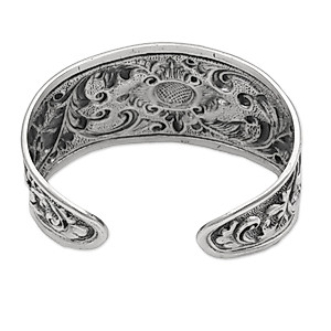 NOVICA Artisan Sterling Silver Cuff Bracelet Repousse from Indonesia No Stone Floral [6 in L (end to End) x 1.6 in W] ' Courageous Soul'
