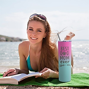 Xisilin Dog Mom Gifts For Women Dog Themed Gifts For Dog Mom- 20oz White Best Dog Mom Ever Travel Tumbler - Christmas Birthday Presents For Dog Lovers Female Women Teen Girls Water Cup With Lip Straw