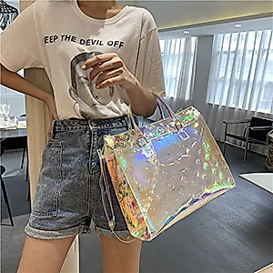 XinMaJiaSnail Women Holographic Tote Handbag Rainbow Colorful Clear Travel Bag Large Square Backpack