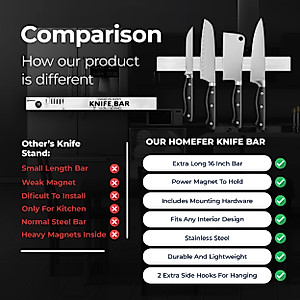 Homefer Magnetic Knife Holder for Wall - 15.7 inches - Stainless Steel Multifunctional Magnetic Strip for Organizing Kitchen Utensils - Glue, 2 Side Hooks & Foam Adhesive Strip Included - No Drilling!