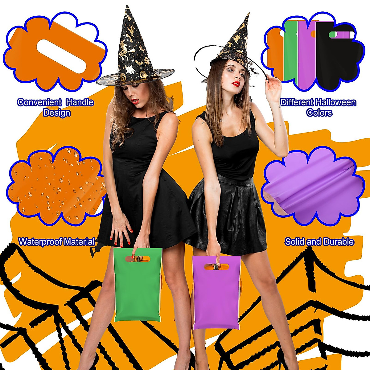Gilprop 120 Pieces Plastic Halloween Bags Bulk Halloween Bags Black Orange Green and Purple Candy Bags with Handle for Halloween Party Supplies Decoration(Halloween)