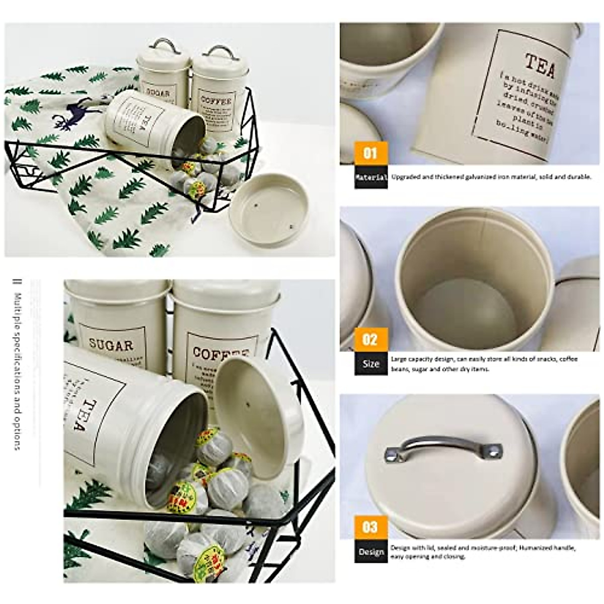 schonee Beige Kitchen Canisters, Rustic Farmhouse Canisters Set for Dry Food Storage, Metal Countertop Storage Jar, Set of 3 Coffee Sugar Tea Storage Containers(Set of 3 (Ivory White))