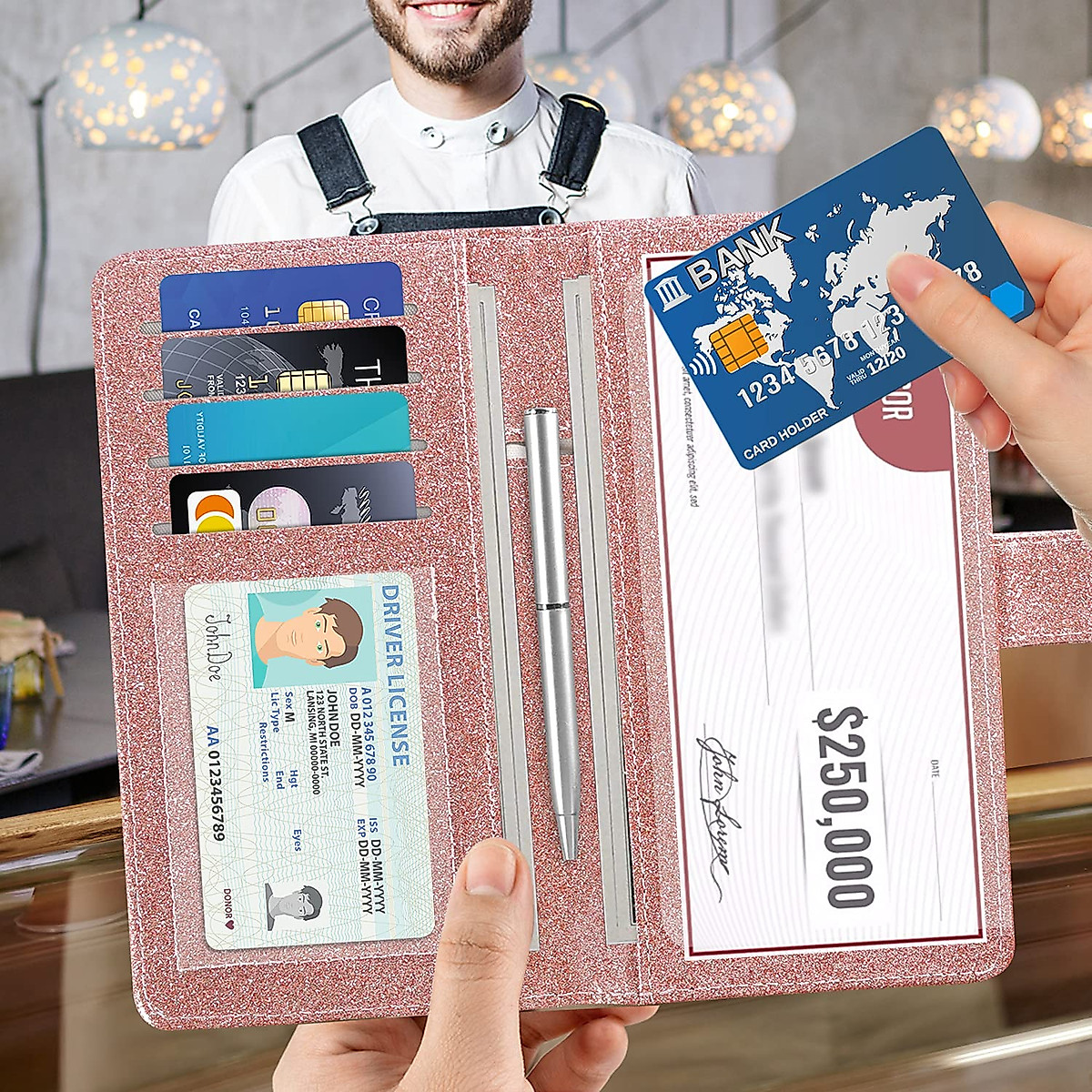 ACdream Checkbook Cover, Leather RFID Blocking Check Book Wallet, Protective Premium Business and Personal Duplicate Checks Holder, with Credit Card Slots for Women Men, Glitter Rose