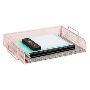 Mind Reader Stackable Paper Tray, 2 Pcs., Desktop Organizer, File Storage, Office, Metal Mesh, 14" L x 9.75" W x 6" H, Pink