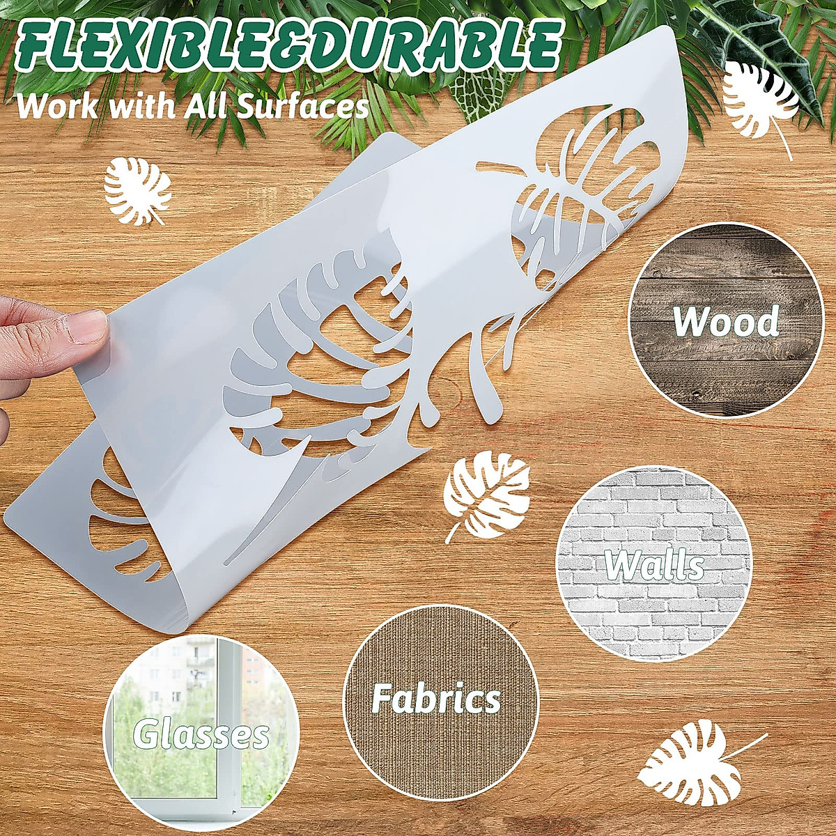 9 Pieces Reusable Painting Stencil Tropical Stencil Plastic Paint Stencils Summer Pattern Drawing Templates Stencils Reusable Craft Stencils for Painting (Leaves,9.8 x 9.8 Inches, 13.8 x 10.2 Inches)