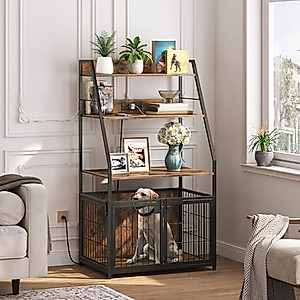 Dog Crate Furniture with Storage Shelves, 31.5 Inch Heavy Duty Dog Crate with Power Outlet, Wooden Dog Kennel Indoor Furniture for Small Medium Dogs, Three Doors, Rustic Brown and Black BF80UGW03