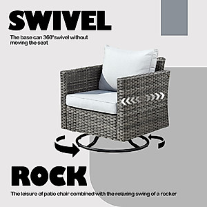 CAODOC 4 Pieces Wicker Patio Furniture Set,PE Rattan Outdoor Conversation Sofa Set with 30inch Fire Pit Table, Non-Slip Cushions and Swivel Chair(Grey)