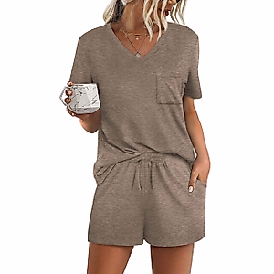 RUBZOOF Pajamas for Women Shorts Set V Neck Casual Summer Short Sleeve Lounge Sets Grey L