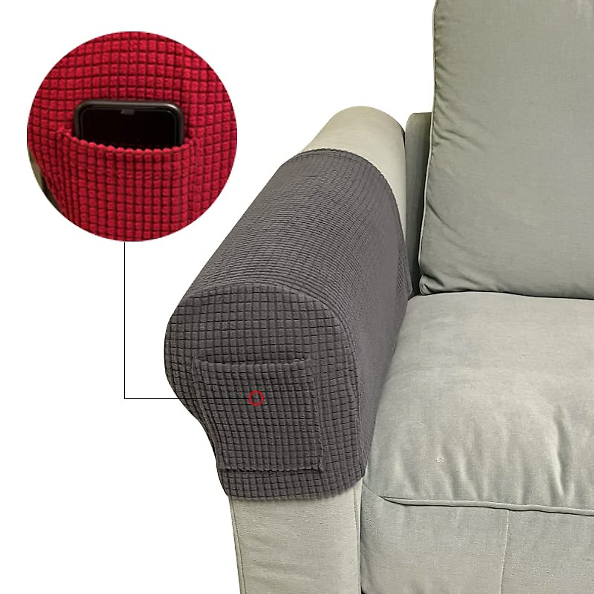 Set of 2 Sofa Armrest Cover Soft Stretch Arm Cover for Recliners Sofas Chairs Washable Arm Covers Couch Furniture Armrest Protector Covers with Pocket (Grey)