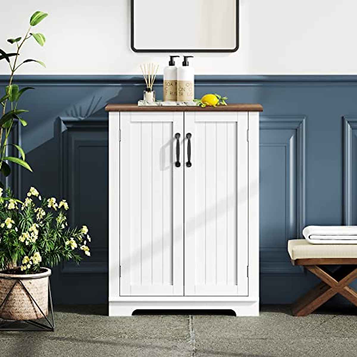 WAMPAT Bathroom Storage Cabinet, Wooden Floor Storage Cabinet with Adjustable Shelves for Living Room, Entryway, Space Saving, White