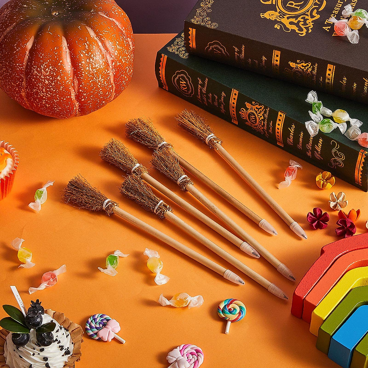 Zonon Witch Broom Pencils, 12 Pieces, Halloween Party Favors, Suitable for Kids, Teens, Adults, Classroom Supplies