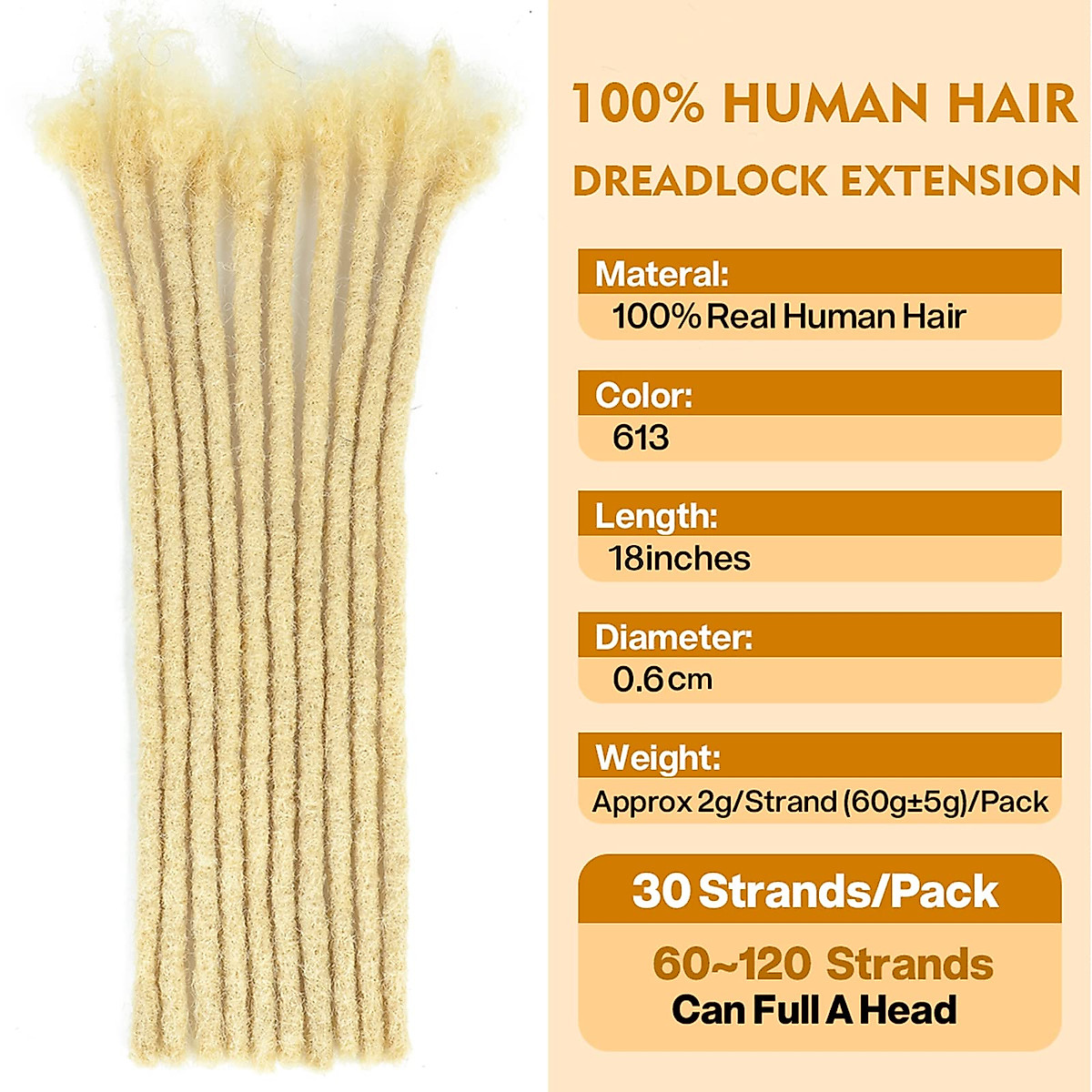 6-18 Inch Dreadlock Extensions Human Hair Fully Handmade Human Hair Dreadlock Extensions for Man/Women Locs Extensions Human Hair Can Be Dyed Bleached Curled… (18Inch-30Strands, 0.6CM Width-613#)