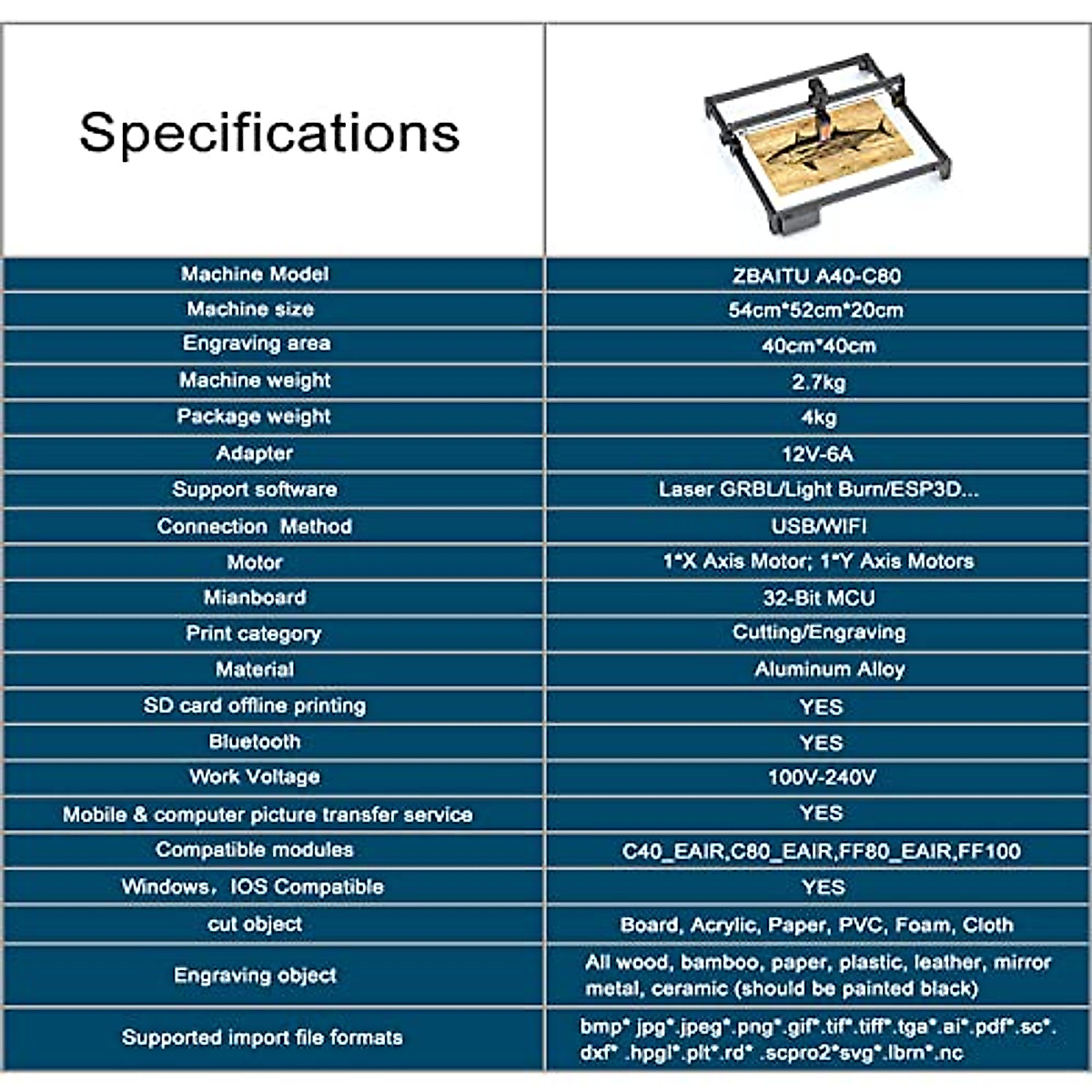 ZBAITU A40 Laser Engraver, 80W Laser Engraving Cutting Machine, 10W Optical Power High Accuracy Lazer Engraver Cutter for Metal and Wood Acrylic Leather DIY, Logo Carving, Support LightBurn