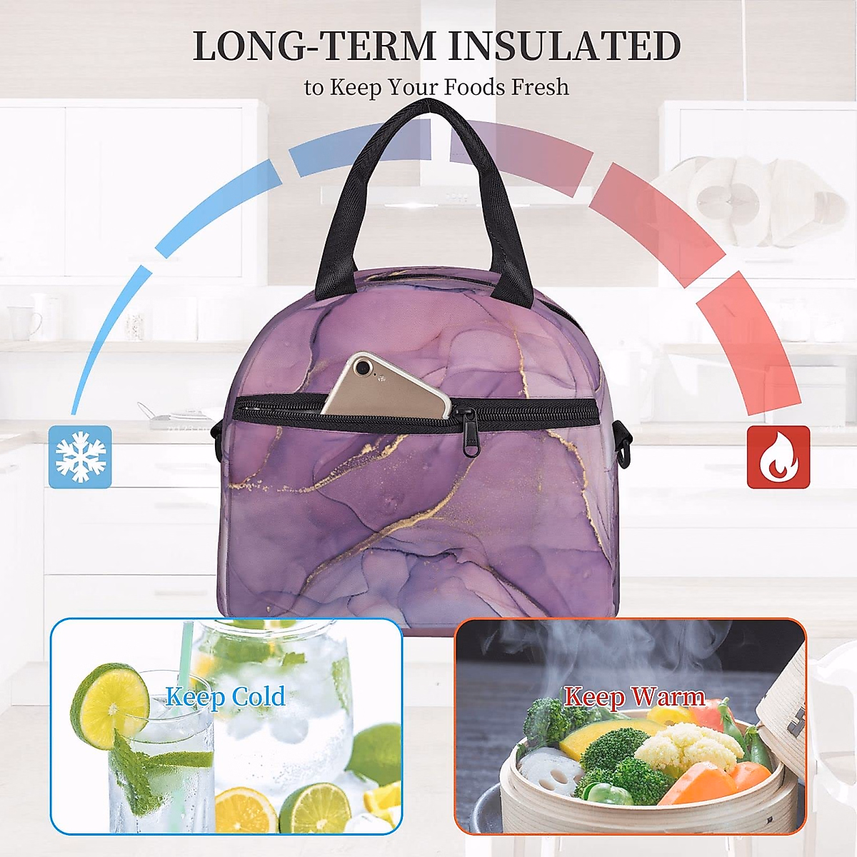 Purple Marble Lunch Bag Women Men Insulated Lunch Box With Adjustable Strap Zippered Lunch Tote Bag For Work Picnic Or Beach Water-Resistant Fabric With Exterior Pockets