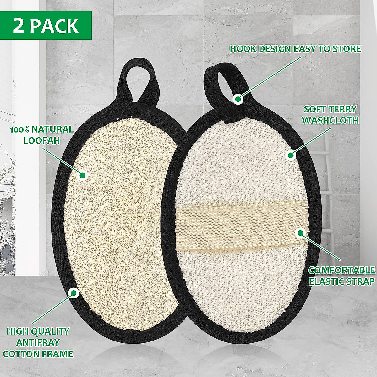 RASDDER 2Pcs Loofah Exfoliating Body Scrubber, Biodegradable Shower luffa Pad, Natural Loofah Sponge, Loofah for Men and Women (Black)
