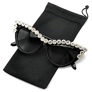 mincl/ Bling Sunglasses Crystal Rhinestone Shades Retro Half Rim Women Cat Eyewear (black)