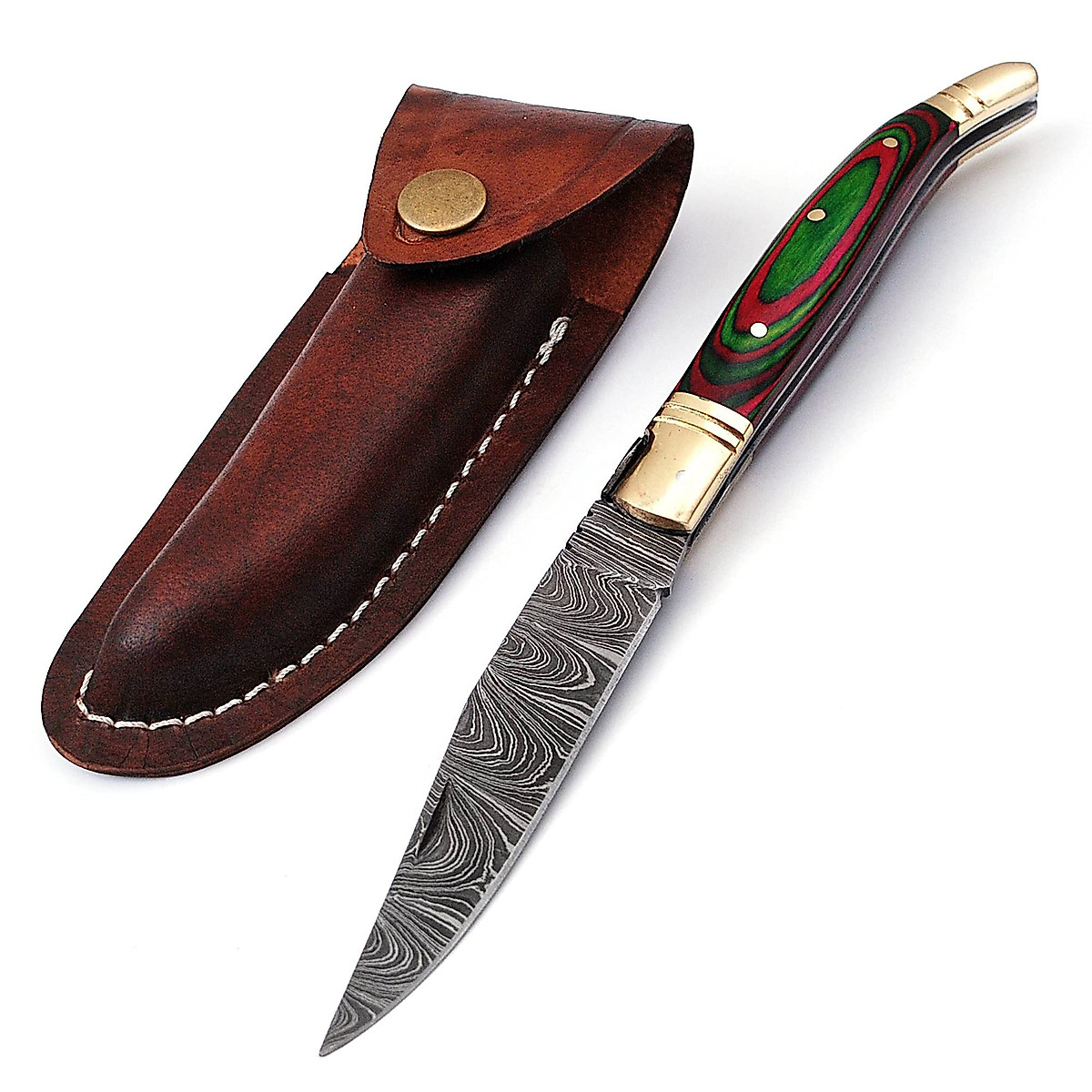 Damascus steel folding knife with leather sheath, 8.5 inches long laguiole pocket knife with 4 inches long Damascus steel Blade, 4.5 inches multi color wood scale with Brass bolster and pommel, Leather sheath included (Red Green)