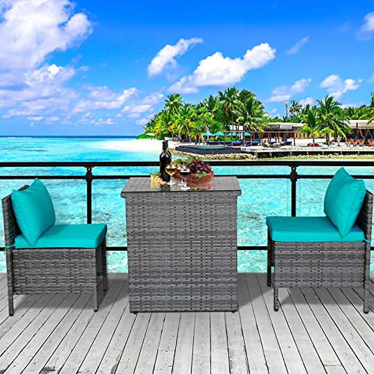 3 Piece Outdoor PE Rattan Furniture Bistro Set Patio Wicker Conversation Chair with Glass Top Table Space Saving Design, Turquoise Cushion