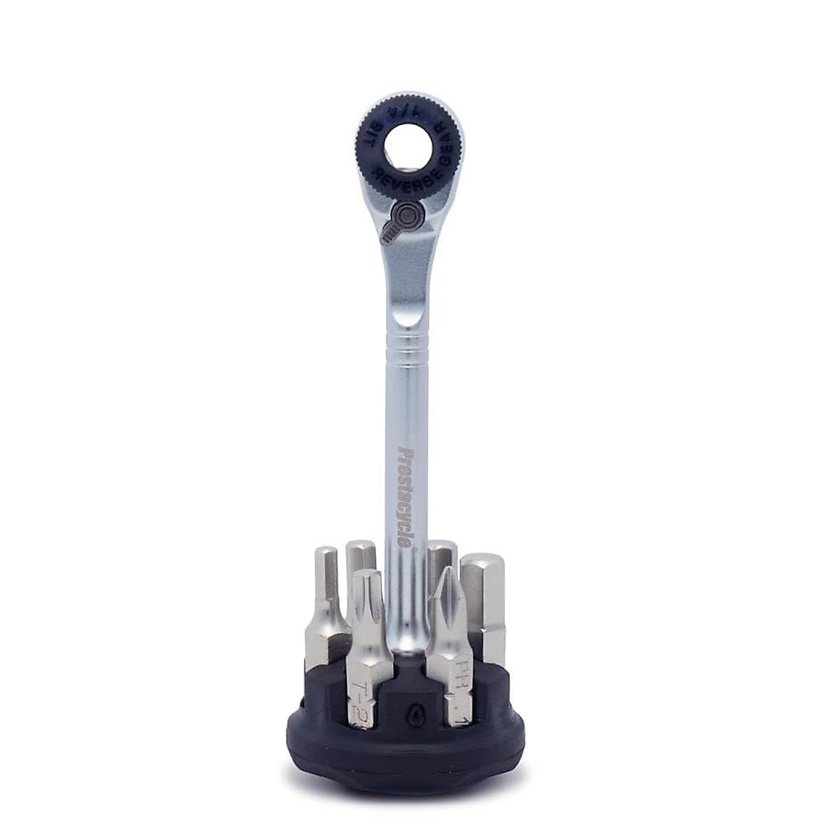 Prestacycle Prestaratchet Micro, Heavy-Duty Mini Ratchet & 1/4 Bits for Bike Repair & Maintenance, 40Nm Small Ratchet & Screwdriver with 6 Hex Bit Set, with Round Bit Holder & Tool Stand