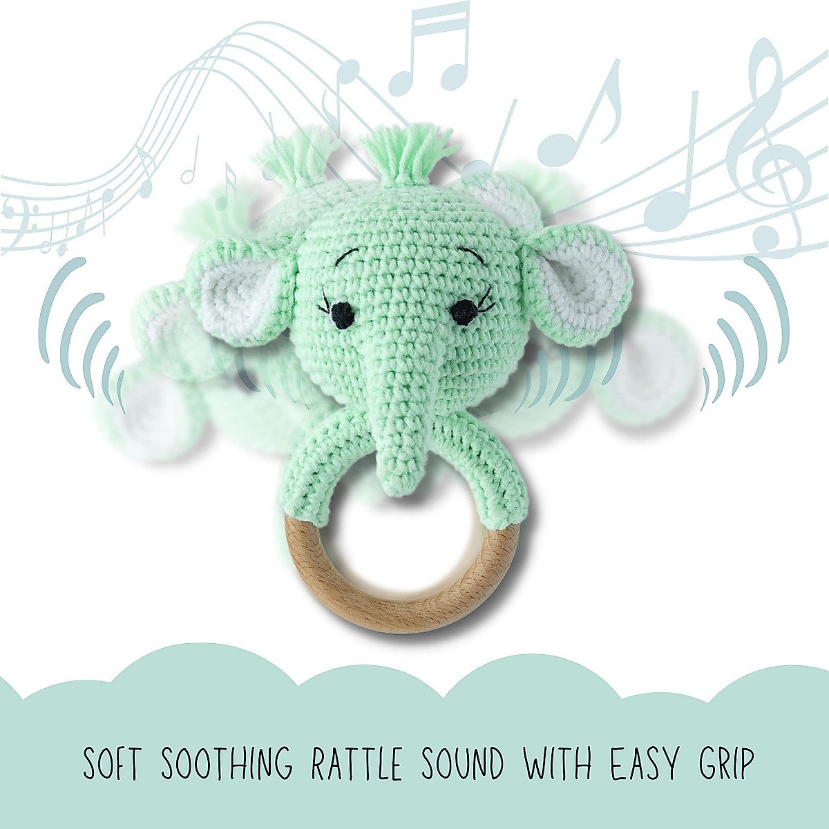 Hello Teddio Baby Rattle Teething Toy, Smooth Wooden Easy Grip Ring, Gender Neutral Baby Gifts