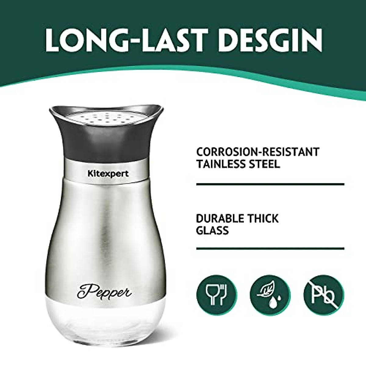 Salt and Pepper Shakers Set - KITEXPERT Stainless Steel Salt Shakers for Kitchen - Glass Bottom Spice Dispenser & Modern Kitchen Accessories Set (4 oz)