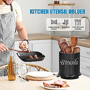 Y&ME YM Utensil Holder, 360° Rotating Kitchen Utensil Holder for Countertop, Bamboo Utensil Crock Utensil Caddy for Flatware, Cooking Utensil Organizer for Farmhouse Kitchen Decor (Black)