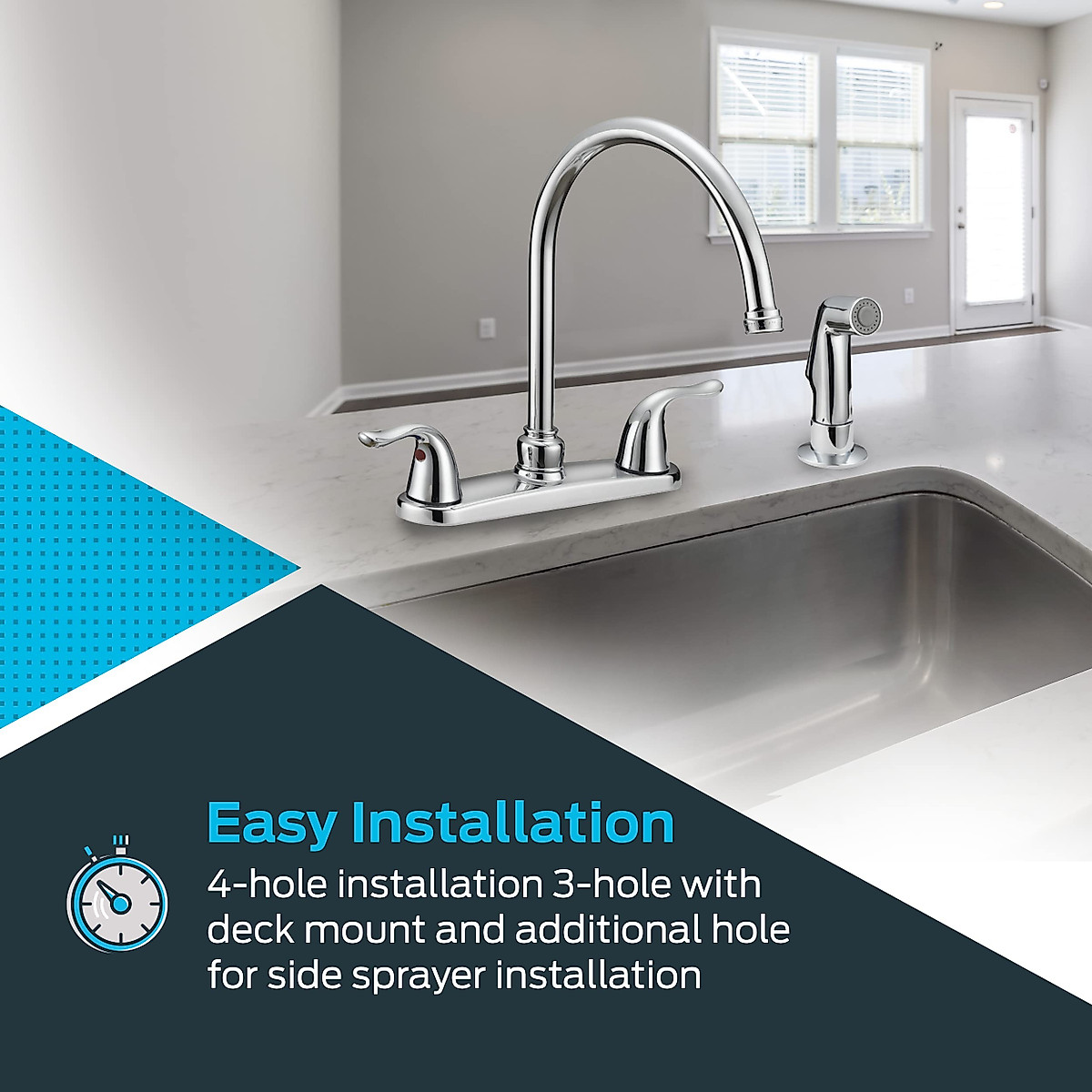 EZ-FLO Kitchen Faucet, Kitchen Sink Faucet with 2 Handles and Pull-Out Side Sprayer, 4-Hole Installation, Chrome, 10201