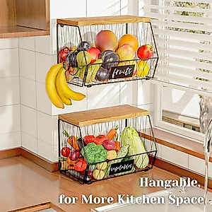 PERFNIQUE Fruit Basket, Wall Mounted Kitchen Baskets for Storage, 2PCS Stackable Fruit Holder with Wooden Lid, Vegetable Baskets for Kitchen, Hanging Metal Wire Baskets (Black, M & M)