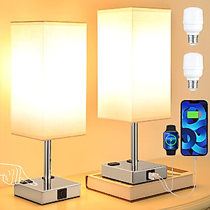 aooshine Set of 2 Touch Nightstand Lamp with USB-C+A Charge Ports& AC Outlets, 3-Way Dimmable Bedside Lamp with White Fabric Shade,Small Table Lamp for Bedroom Guest Room(Bulb Included)