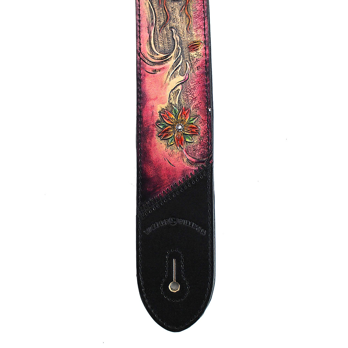 Walker And Williams KB-21 Black & Magenta Carved Grain Leather Strap W/Fire Koi Design