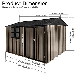 Favfurish 10×8FT Outdoor Metal Storage Garden Sheds Heavy Duty Gazebos Shed with Window and Punched Vents,Hinged Door & Padlock,for Backyard Garden Patio Lawn Bike,Brown