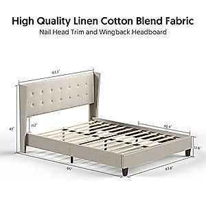 BONSOIR Bed Frame Upholstered Traditional Low Profile Platform with Wing Back Headboard/No Box Spring Needed/No Bed Skirt Needed/Linen Fabric Upholstery/Sand (Sand, Queen Size)