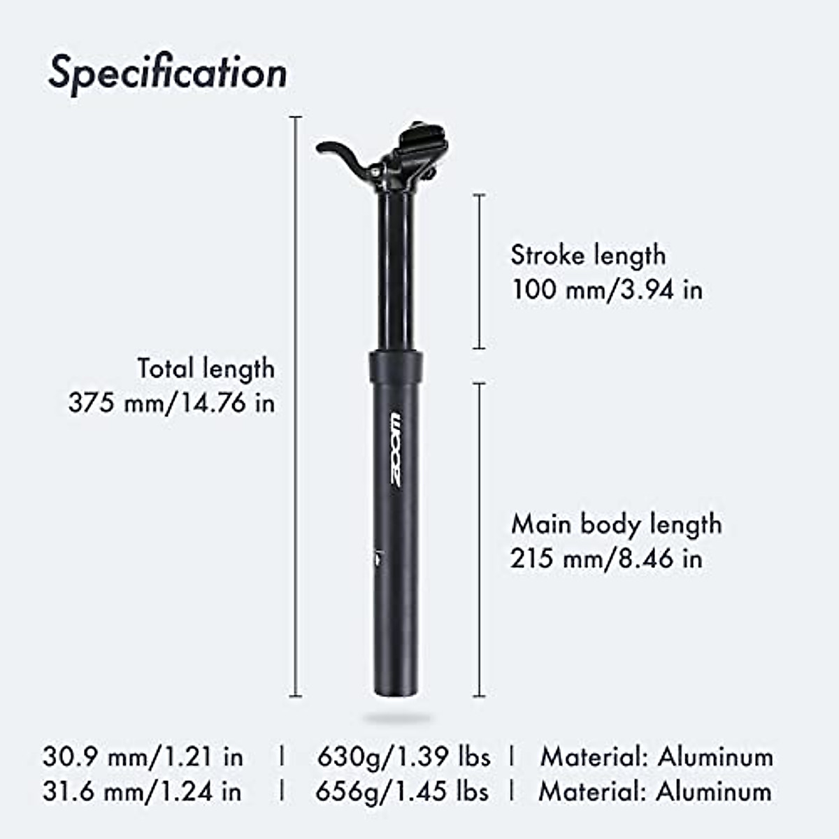 DJC Bike Dropper Seatpost Jump Seat 100mm Travel Manual Control Lever Height Adjustable Seatpost Hydraulic 375mm (Measure diameter before buy, 31.6mm diameter)
