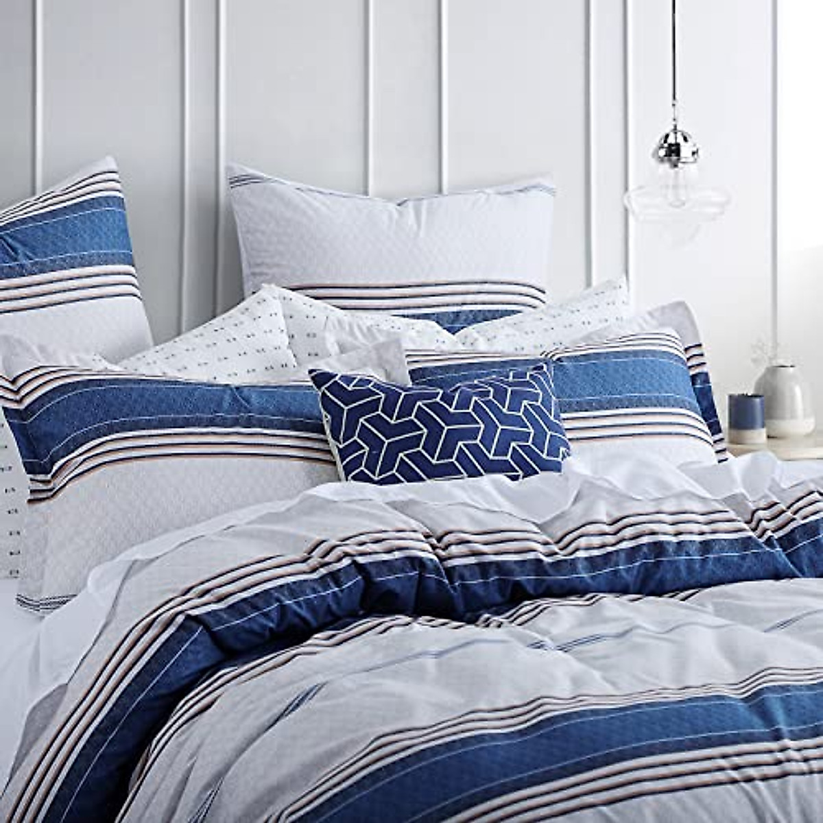 Aisbo Patterned Duvet Cover Queen Soft - Striped Brushed Microfiber Queen Duvet Cover with Zipper Closure, 3-Pieces Bedding Duvet Cover Sets 90x90 Inches with 2 Pillow Shams for Queen Size Bed