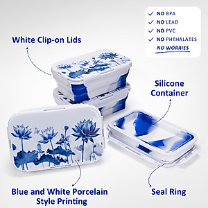 Annaklin Collapsible Food Storage Containers with Lids in Blue and White Porcelain China Style, 48oz, 4 Pack, Stackable Silicone Containers for Food Lunch, Microwave Freezer Dishwasher Safe, White