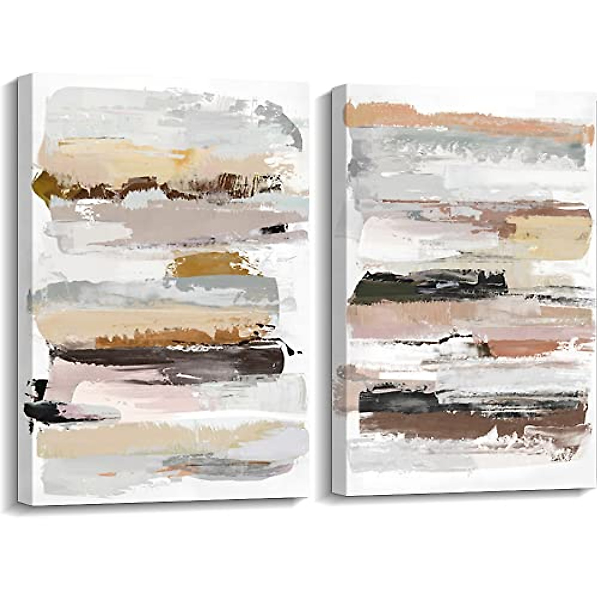Kas Home 2 Panels Abstract Canvas Wall Art Grey Brown 3D Textured Paintings Wall Decor Wooden Framed Pictures Artwork for Living Room Bathroom Bedroom Office (White - Abstract, 12 x 15 inch x 2)