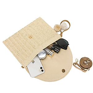 Straw Shoulder Bag Straw Clutch Straw Crossbody Bag Handmade Straw Beach Bag for Women Envelope Purse Wallet with Hand-woven Pompom (Creamy White)
