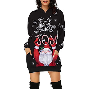 MNLYBABY Women's Christmas Hooded Sweatshirt Funny Santa Graphic Shirt Long Sleeve Pullover Tunic Hoodie Dress with Pockets Black