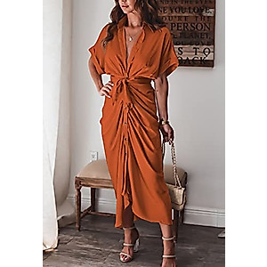 Ceuplon Womens Button Down Short Sleeve Ruched Front Tie Up Maxi Shirt Dresses Orange M