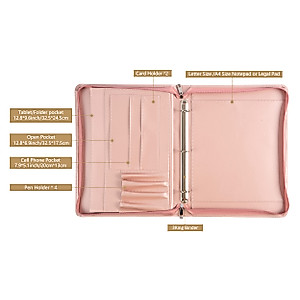 Free Engraved Name, Personalized Portfolio Binder for Women, PU Leather 3 Ring Binder Padfolio Organizer, Business Resume Zippered Portfolio with A4 Writing Pad, Corporate Gift, Customized, Pink